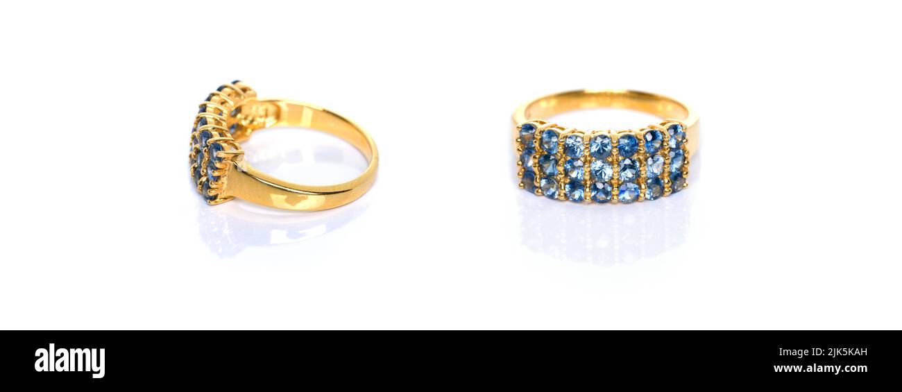 Blue Sapphires Jewel or gems ring on white background with reflection ...