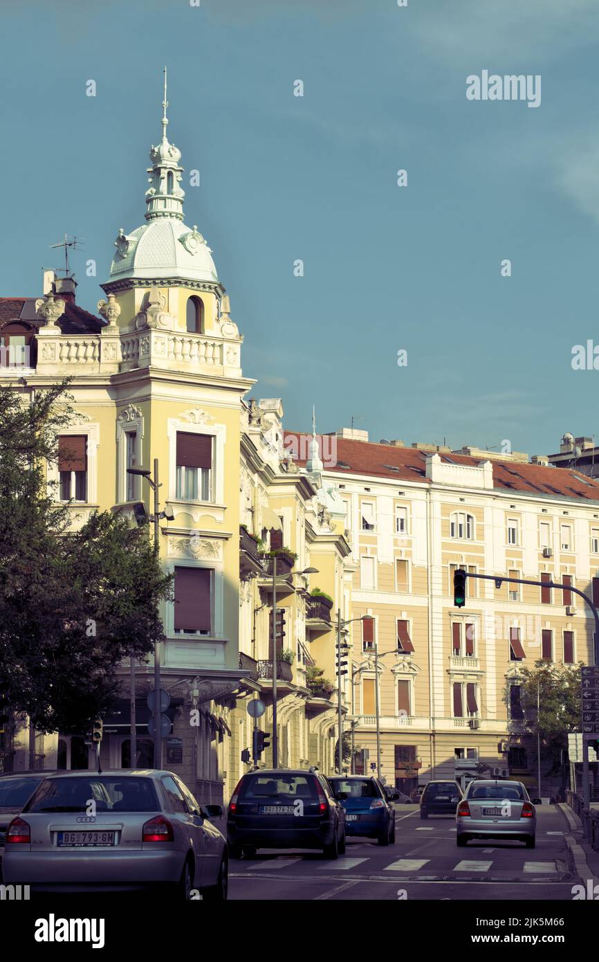 Belgrade street traffic, contrast with the buildings of Old Town ...