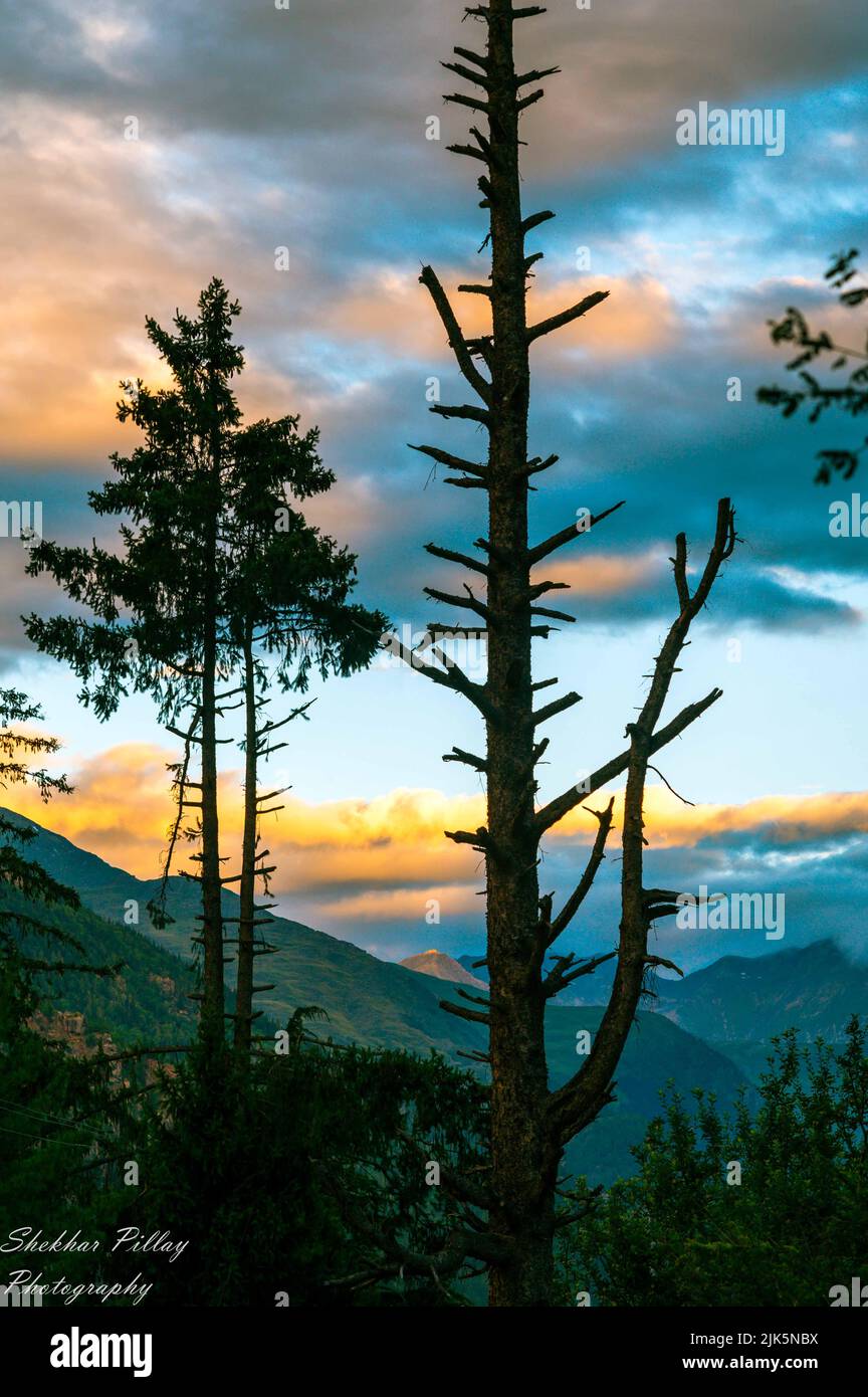 Sunrise in mountains. Himalayan peaks from Rakcham, Sangla valley ...
