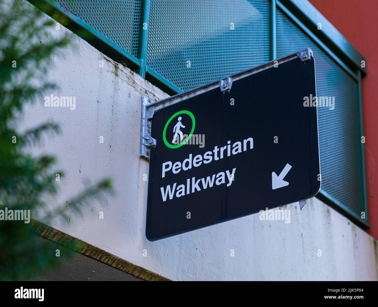 Pedestrian traffic sign. Street view of pedestrian path walkway sign ...