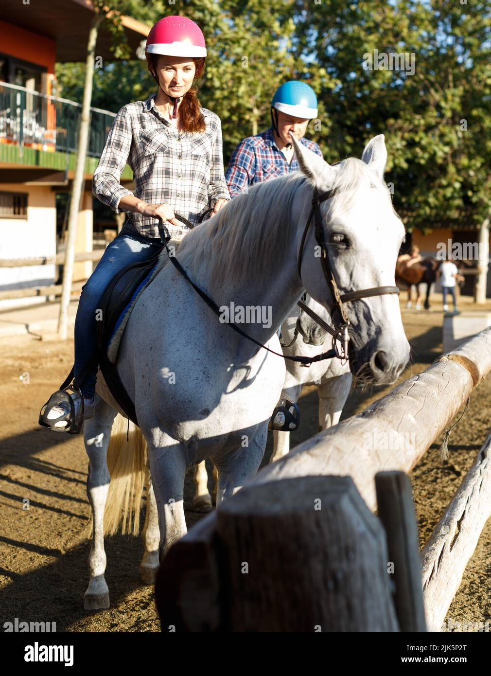 Woman and man in helmets training riding horse at farm at summer day ...