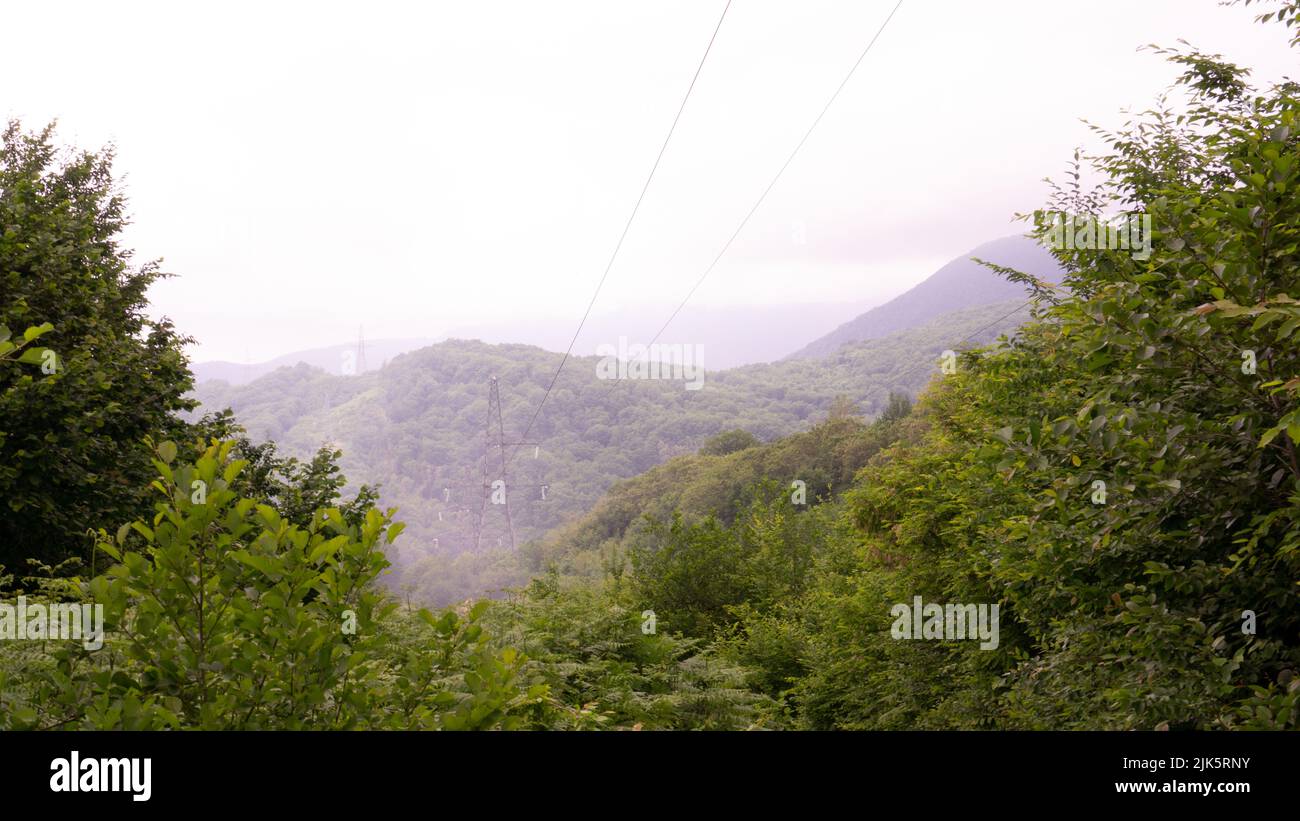 Mountains, bushes, a power line extending into the distance Stock Photo ...