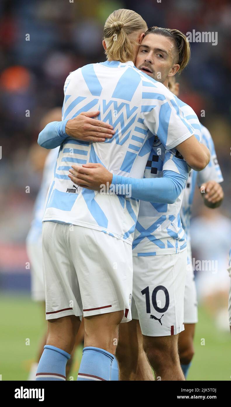 Leicester, England, 30th July 2022. Erling Haaland and Jack Grealish of ...