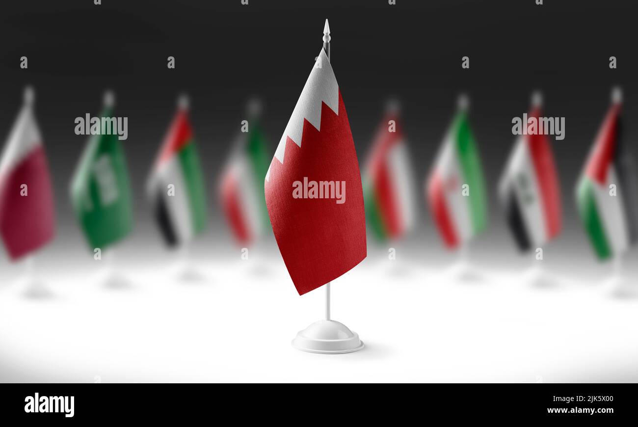 The national flag of the Bahrain on the background of flags of other ...