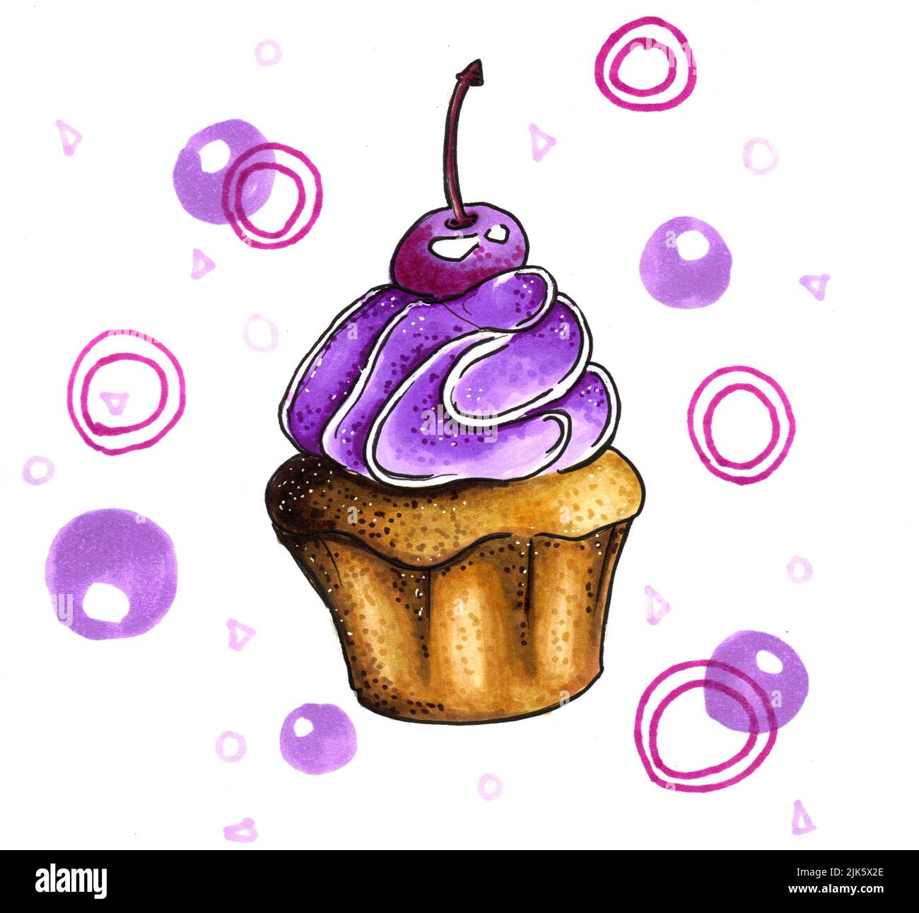 Sweet cupcake with purple cream and cherry. Drawing by hand, markers ...