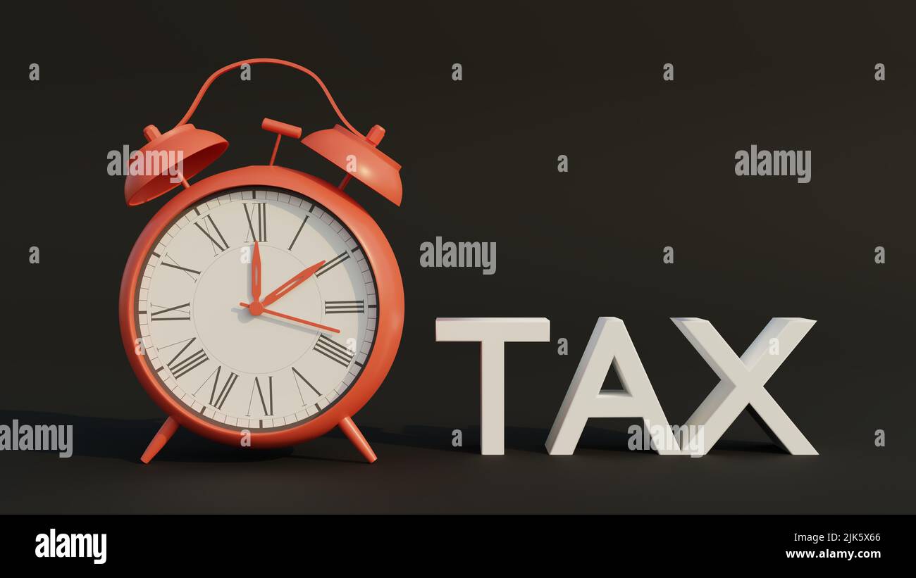 Desktop alarm clock with 3D text TAX. Tax payment concept. 3D rendering ...