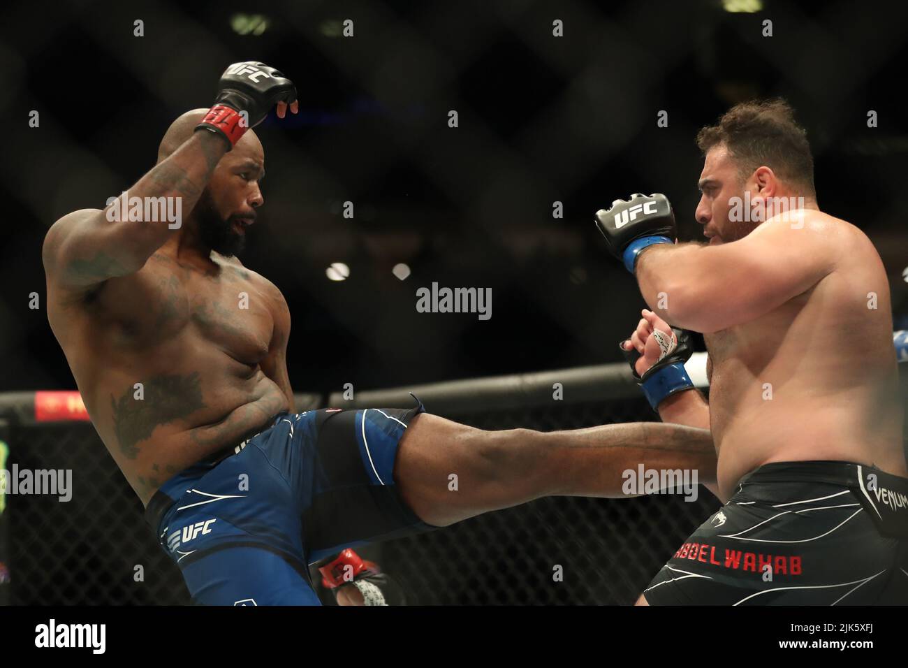 DALLAS, TX - JULY 30: (L-R) Don'Tale Mayes kicks Hamdy Abdelwahab in ...