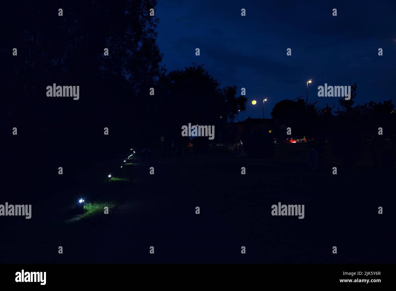 Road with street lights seen from a path at twilight Stock Photo - Alamy