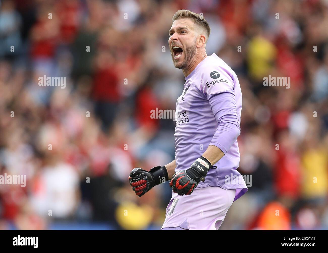 Leicester, England, 30th July 2022. Adrián of Liverpool celebrates his ...