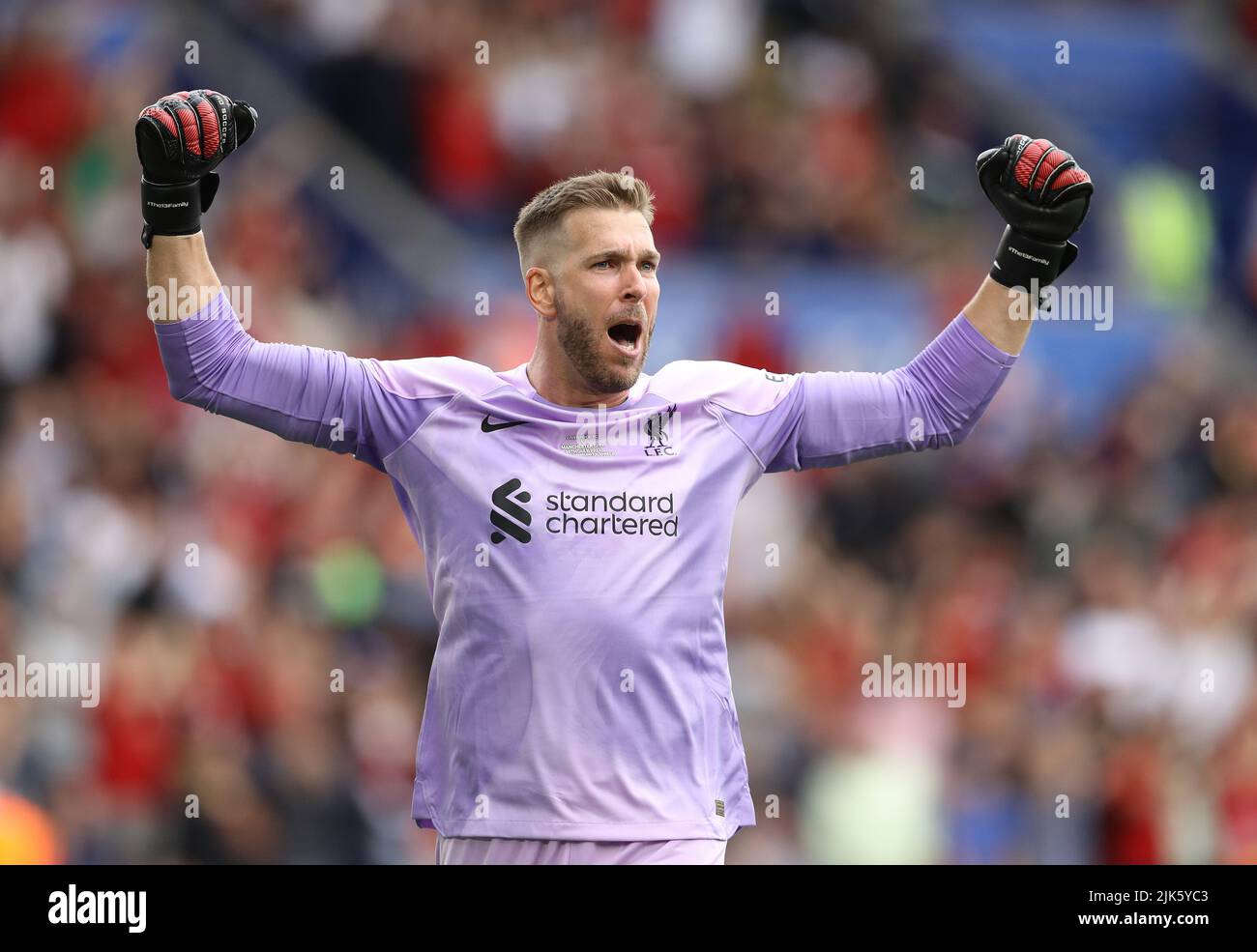 Leicester, UK. 30th July, 2022. Adrián of Liverpool celebrates his side ...