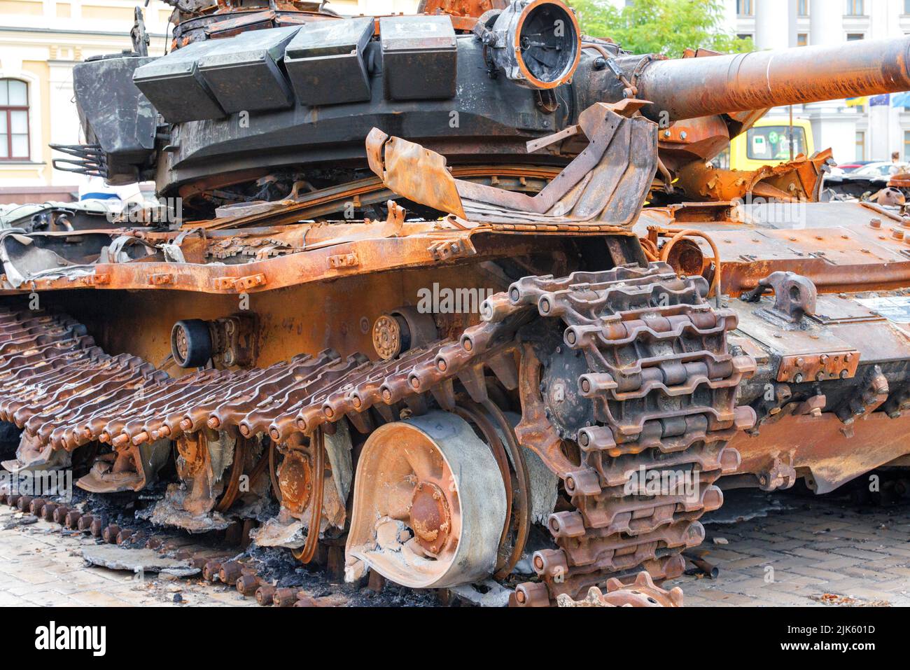 A damaged rusty Russian tank after the attack on Ukraine in February ...