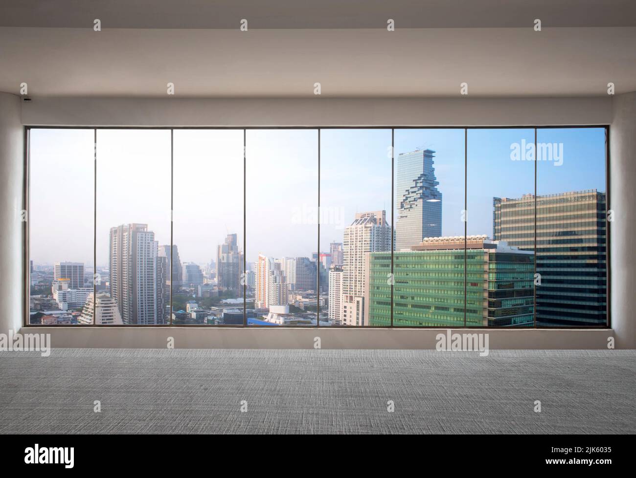 Front view skyscraper modern interior with city view from empty office ...