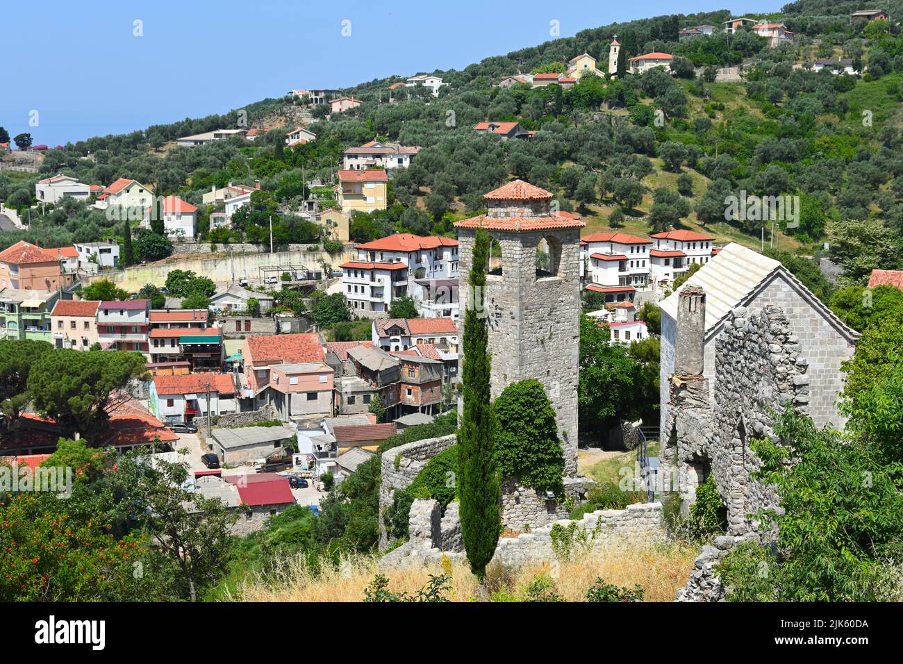 Clock tower in historical fortress in Stari Bar town near new city of ...
