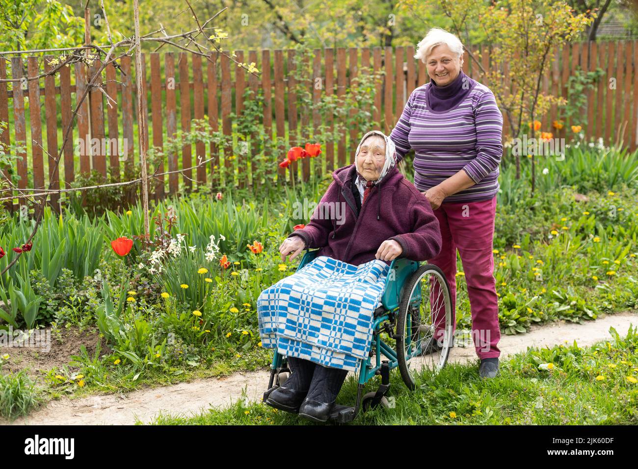 Elderly grandmother in wheelchair with granddaughter in spring nature ...