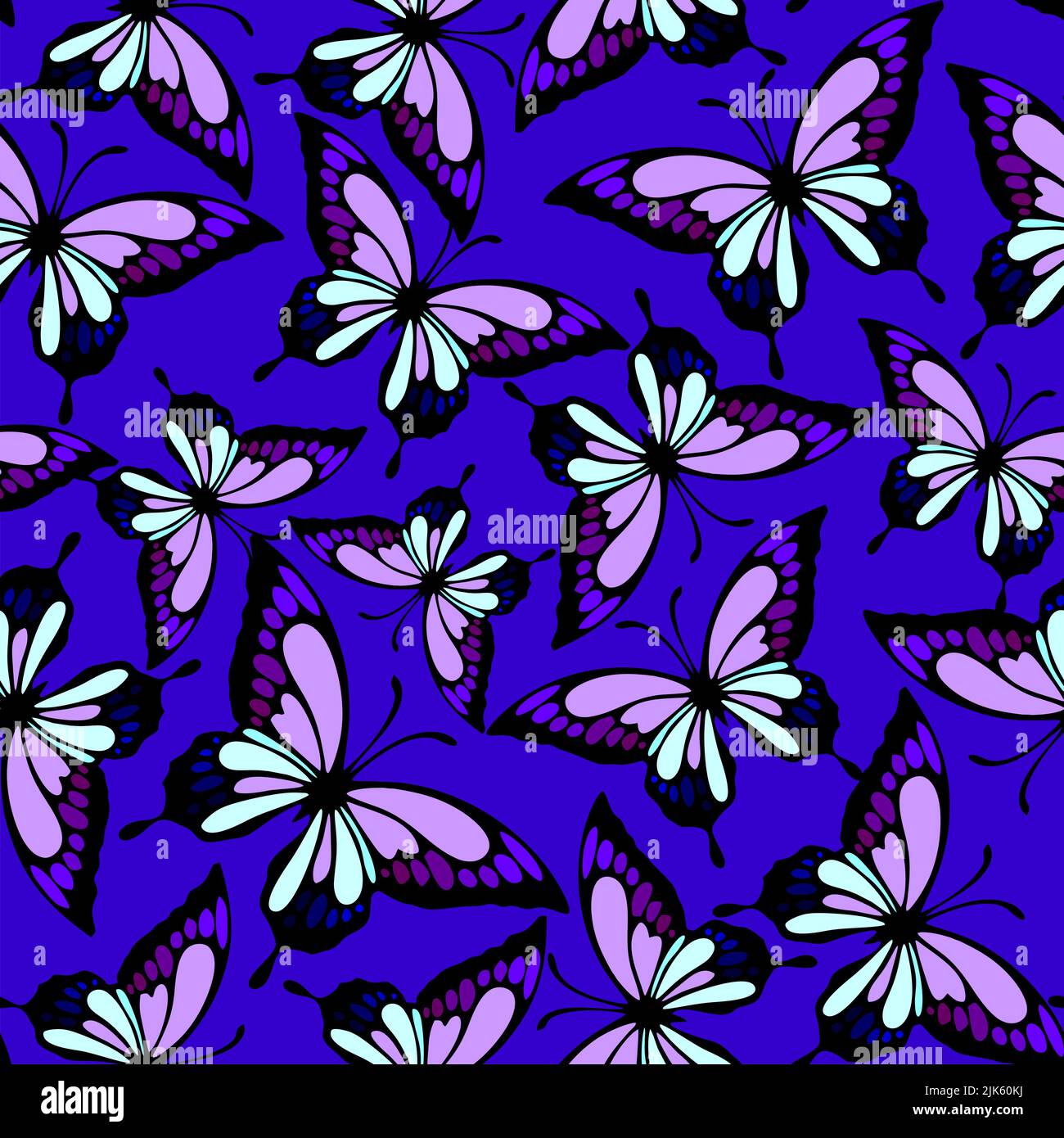 seamless repeating pattern of black and purple butterflies on a blue ...