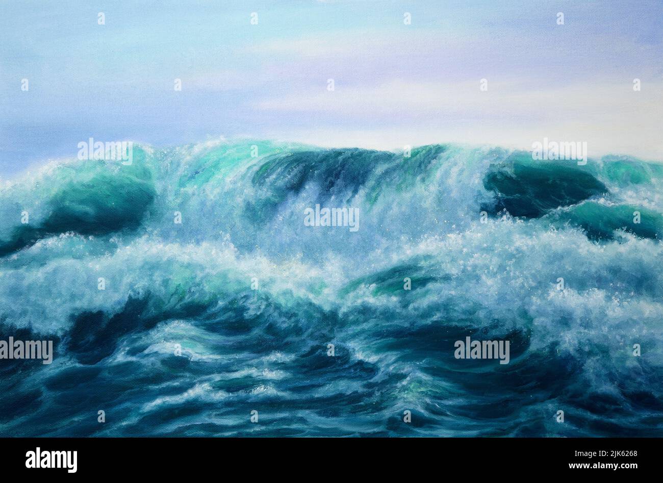 Original oil painting showing waves in ocean or sea on canvas. Modern ...