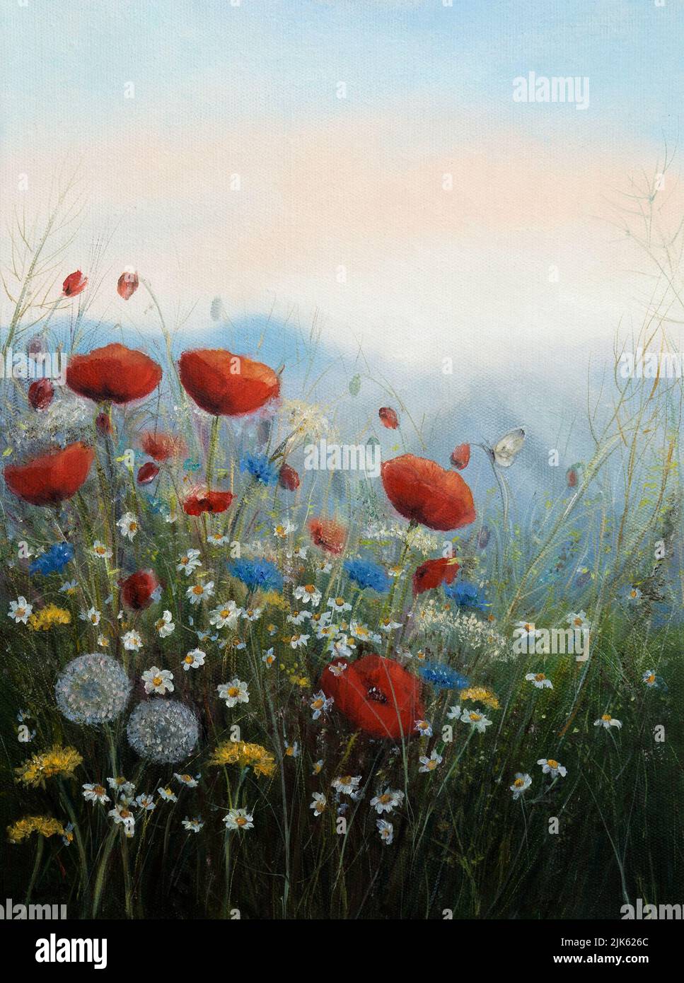 Original oil painting of Opium poppy( Papaver somniferum) and daisy ...