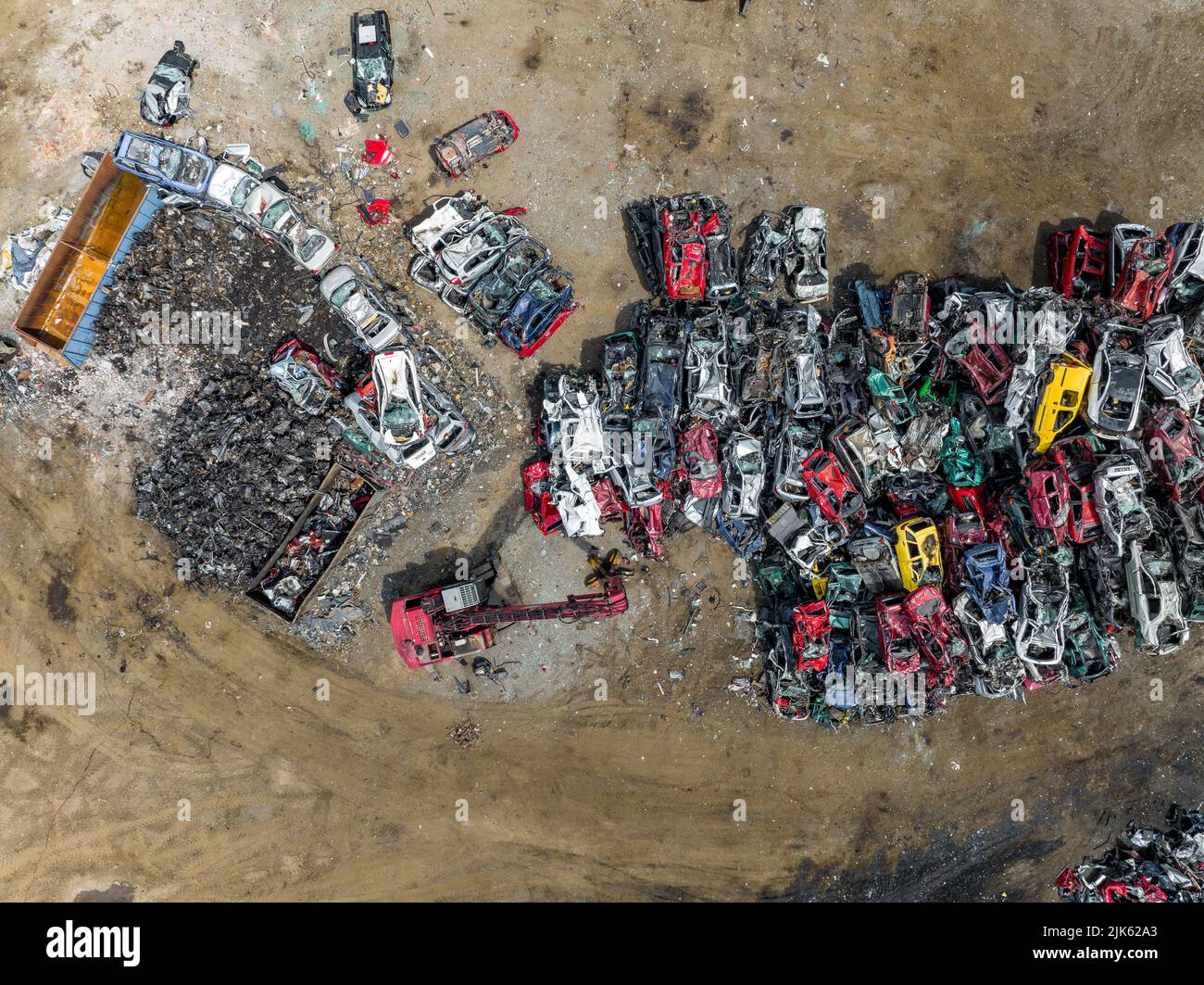 Junkyard Abandoned Cars Aerial View. Top Down View. Vehicle Demolition ...