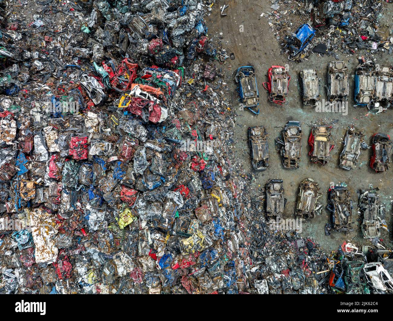 Junkyard Abandoned Cars Aerial View. Top Down View. Vehicle Demolition ...