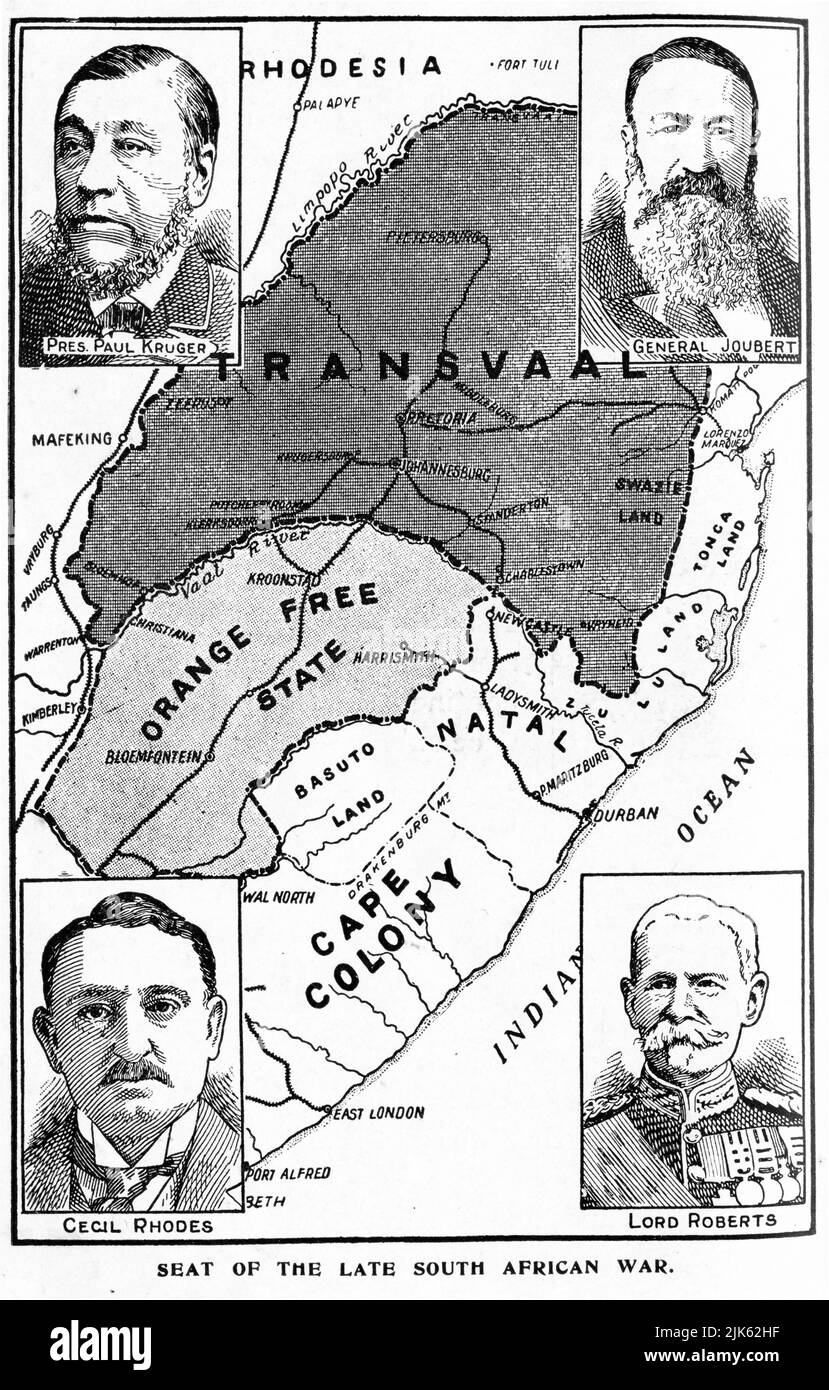 Engraving of a map and the principal characters in the Boer war Stock ...