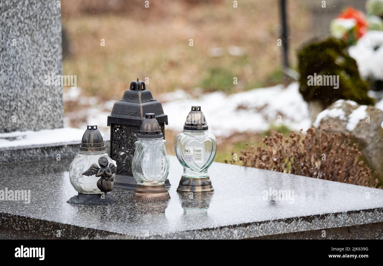 Old rural cemetery in winter. Neglected graves with snow in the old ...