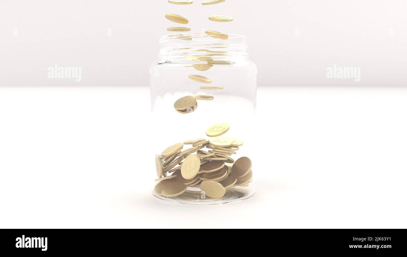 Gold coins fall into glass jar on white background count economy ...