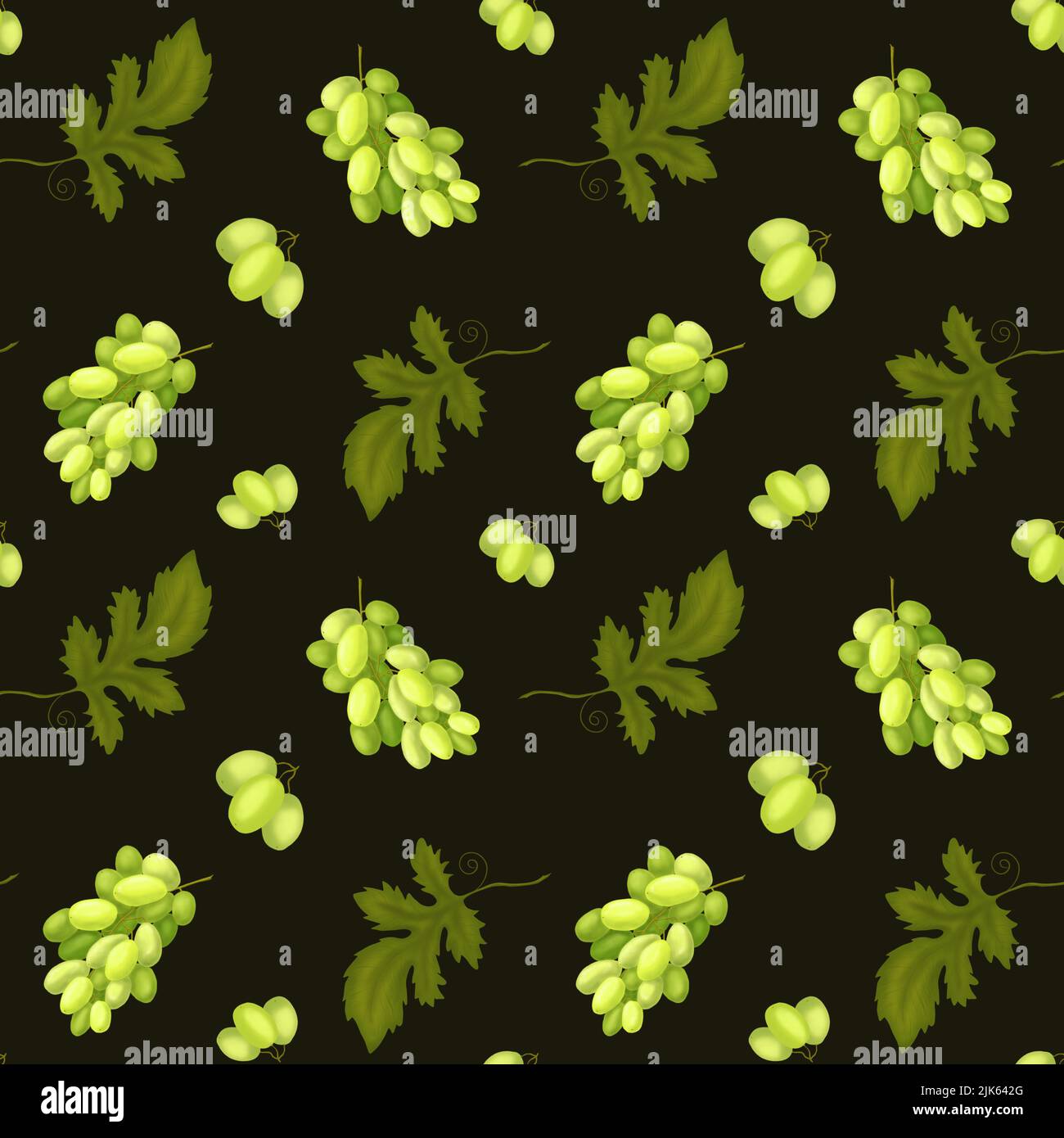 Grape. Seamless Pattern with Bunches of Green Grapes and Leaves. Bright ...