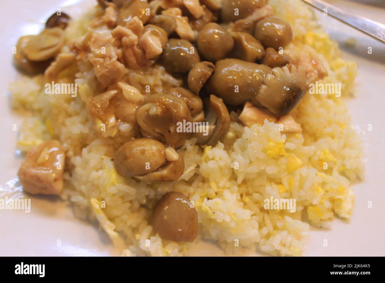 Hainanese chicken rice or or hainan rice or nasi ayam hainan served ...