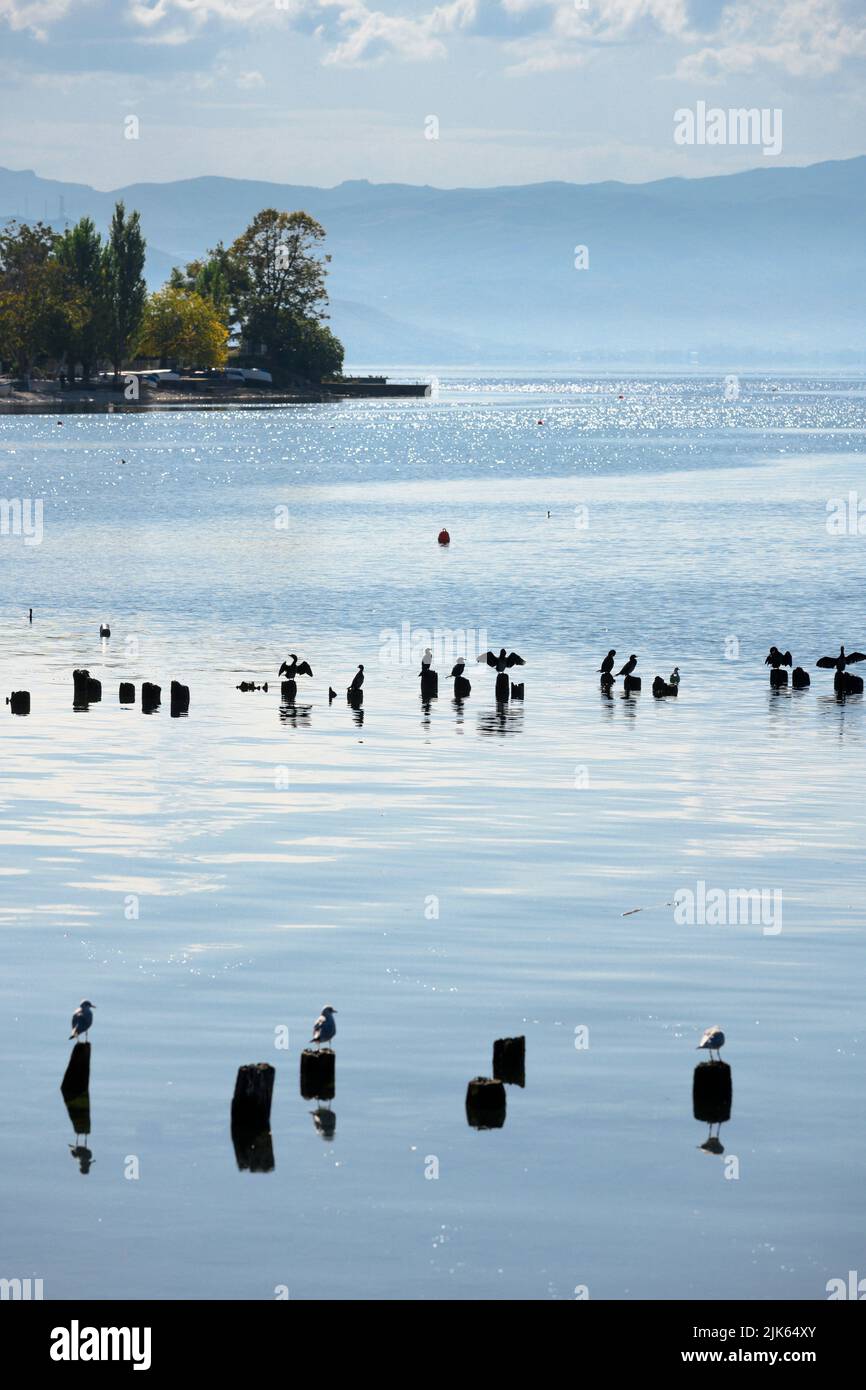 Looking across Lake Ohrid from Peshtani in North Macedonia, with ...