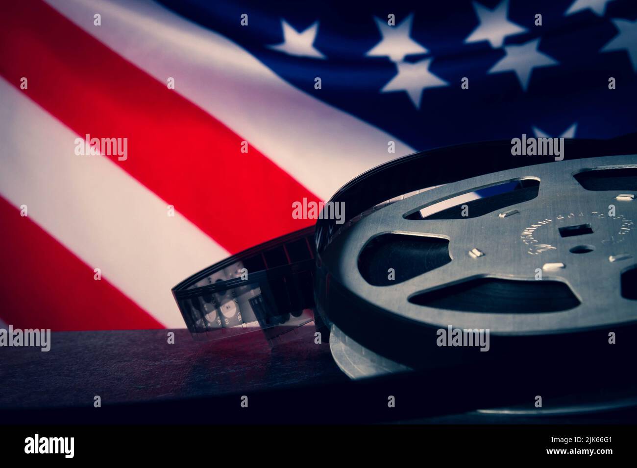 American cinema. Cinematography in the USA. Old film reel on the ...