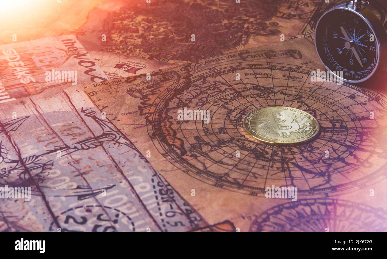 Bitcoin search. Cryptocurrency mining. A pile of coins. Pirate treasure ...