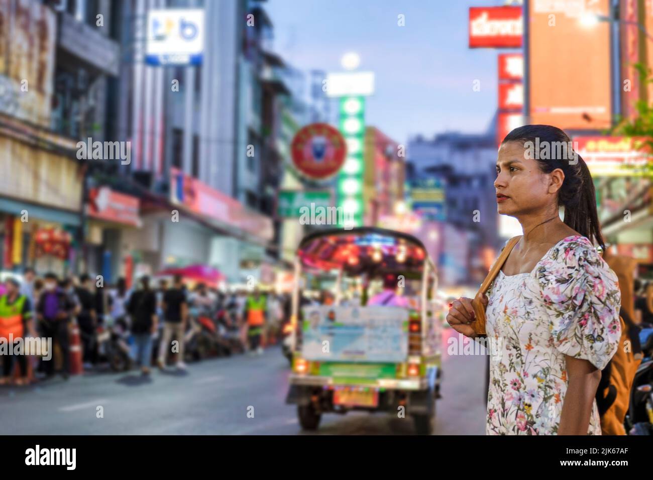 China town Bangkok Thailand, colorful streets of China Town Bangkok.Asian woman with bag ...