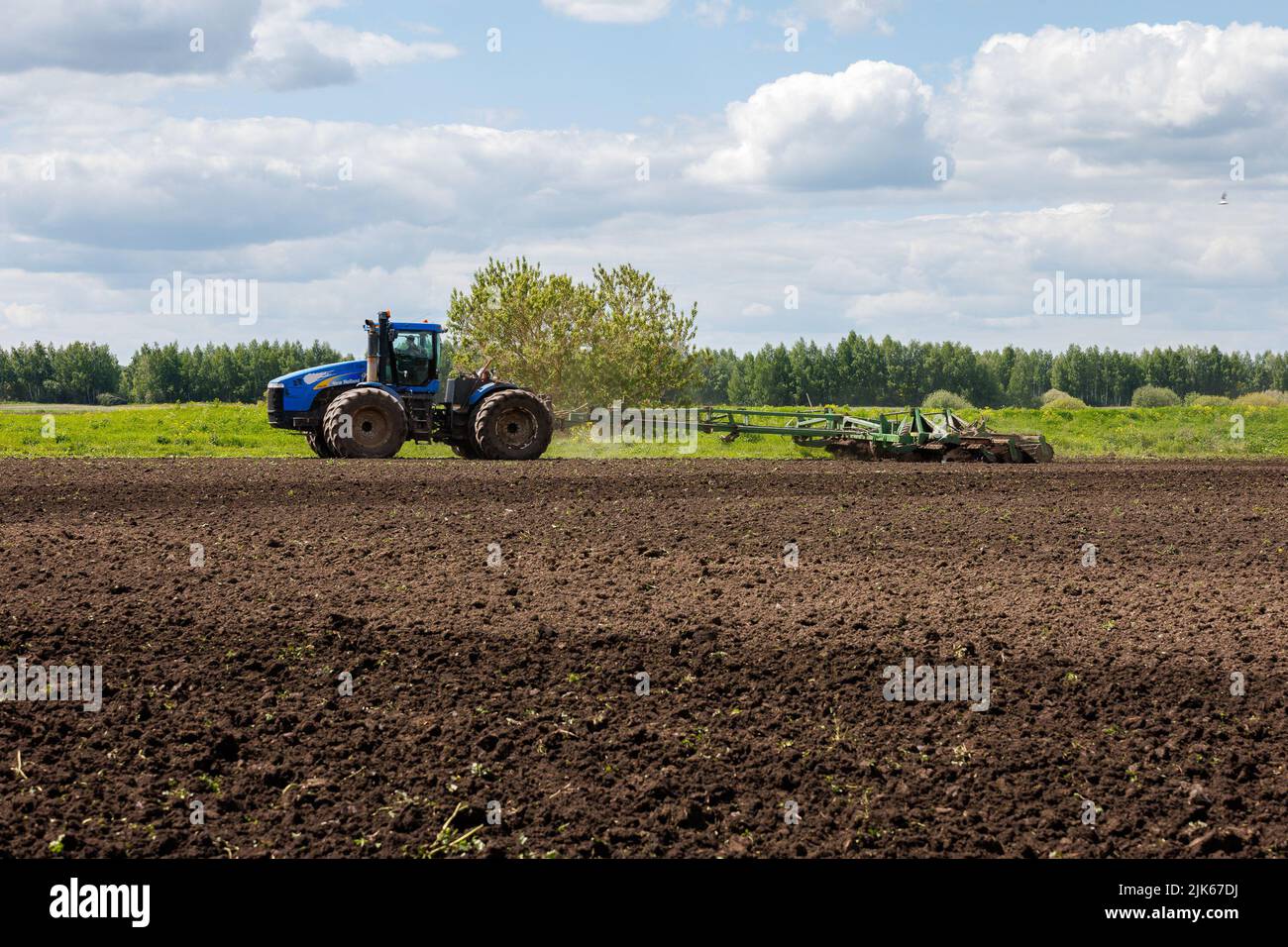 Blue tractor with double wheels pulling disc harrow with roller basket ...
