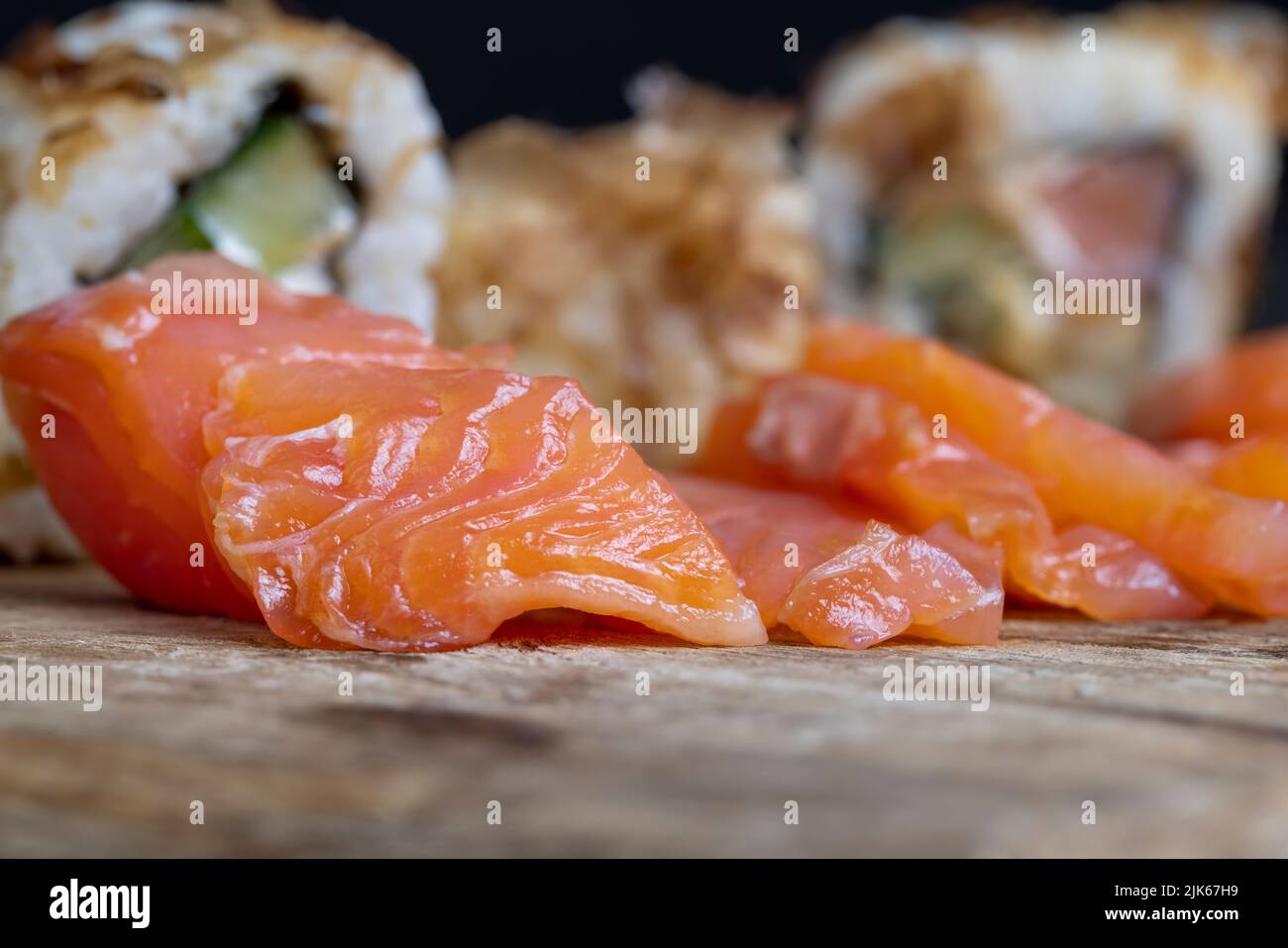 sushi with red salted fish and rice, Asian cuisine sushi of red raw ...