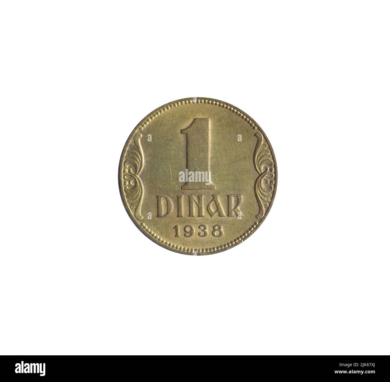 One dinar coin made by Yugoslavia in 1938, that shows Numeral value ...