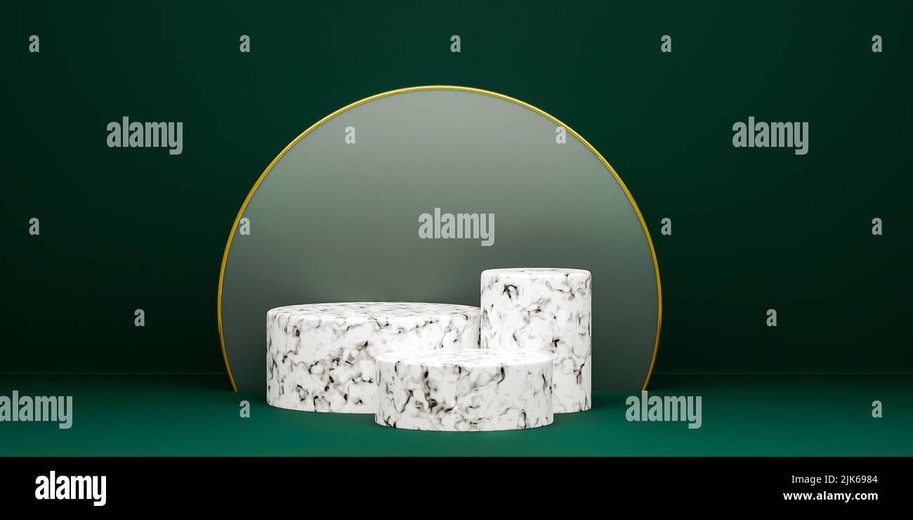 Three marble podiums with golden round frame and glass on dark green ...