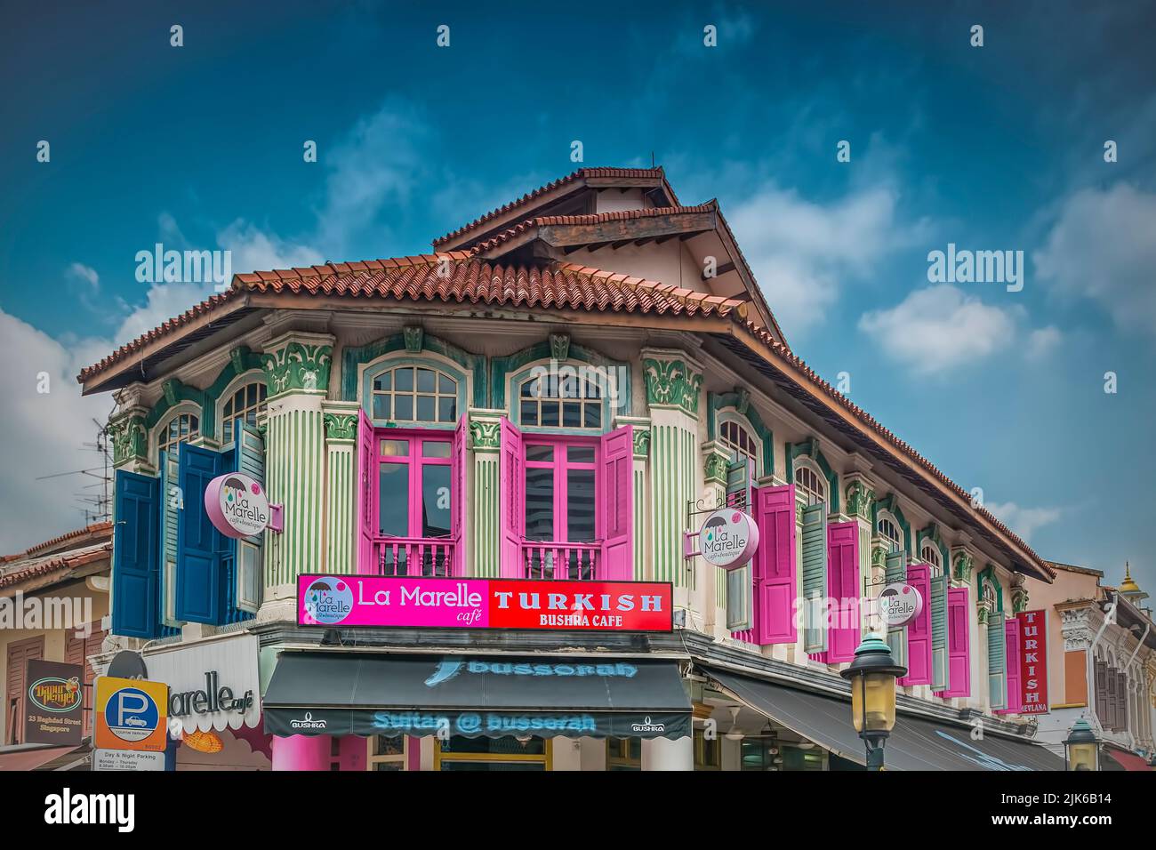 Traditional shophouse and local restaurant in Kampong Glam, Singapore ...