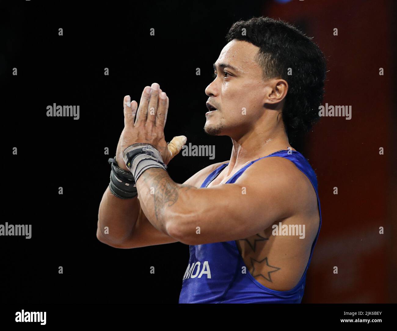 Samoa’s Vaipava Nevo Ioane reacts during the Men’s 67kg Finalat The NEC ...