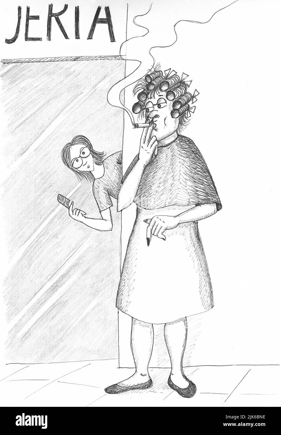 Woman with rollers smoking at hairdresser's door. Illustration Stock ...
