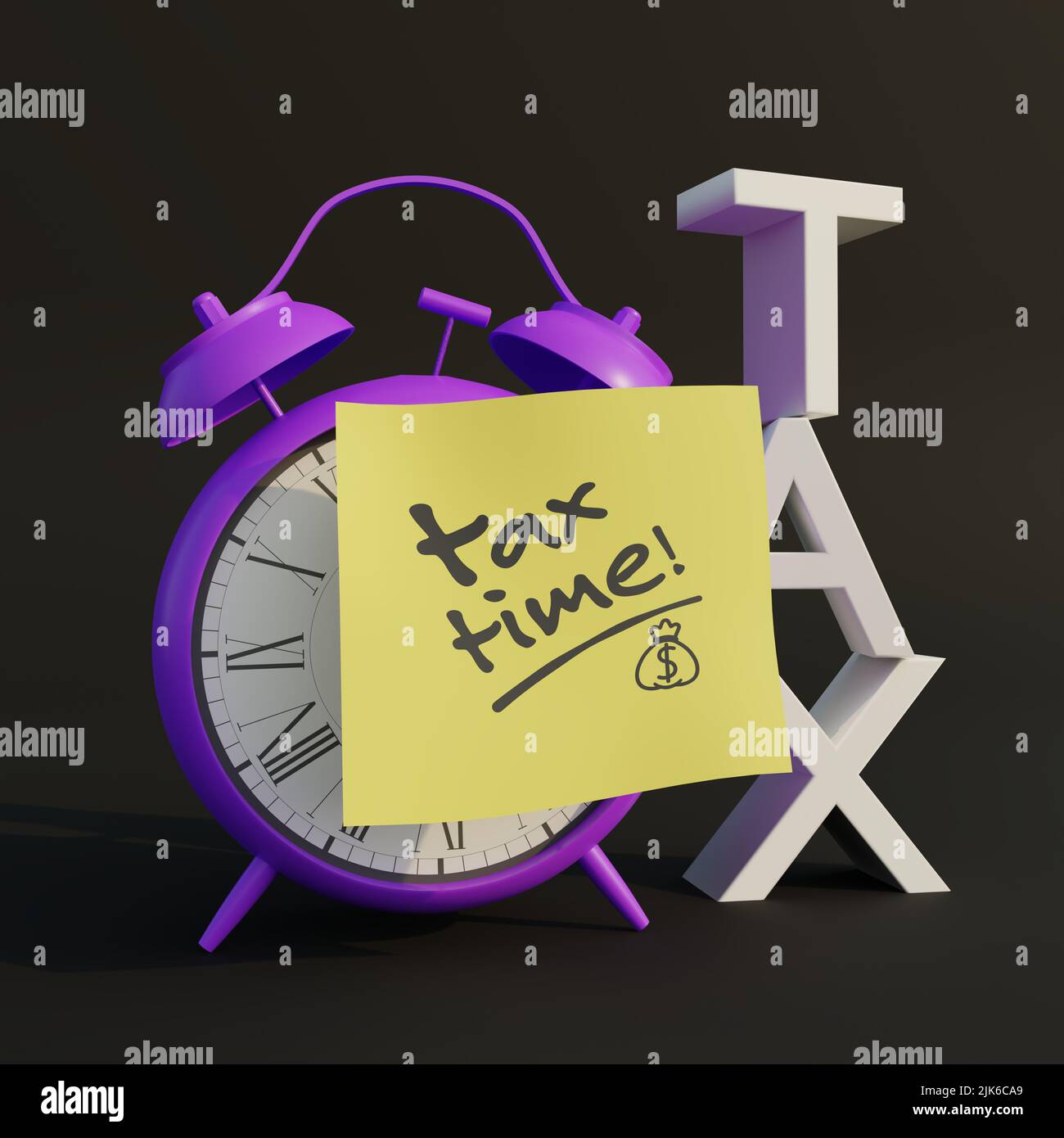 Tax Time written on a piece of yellow paper in front of an alarm desk ...