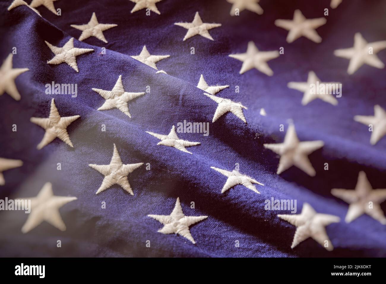 USA Flag stars close up, US of America white star on blue color textile ...