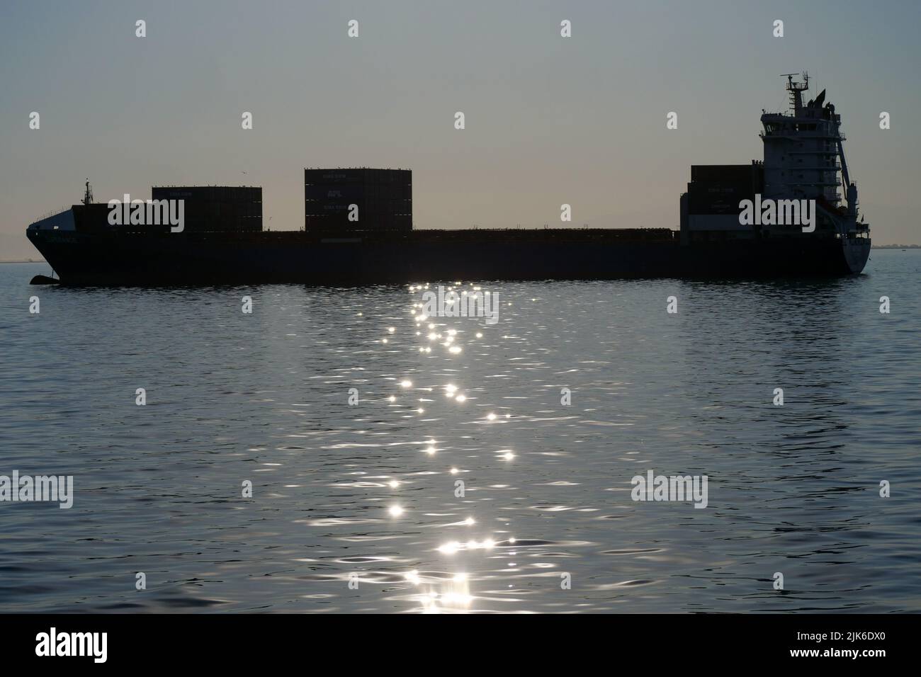 Container ship, Thessaloniki Bay, Macedonia, North-Eastern Greece Stock ...