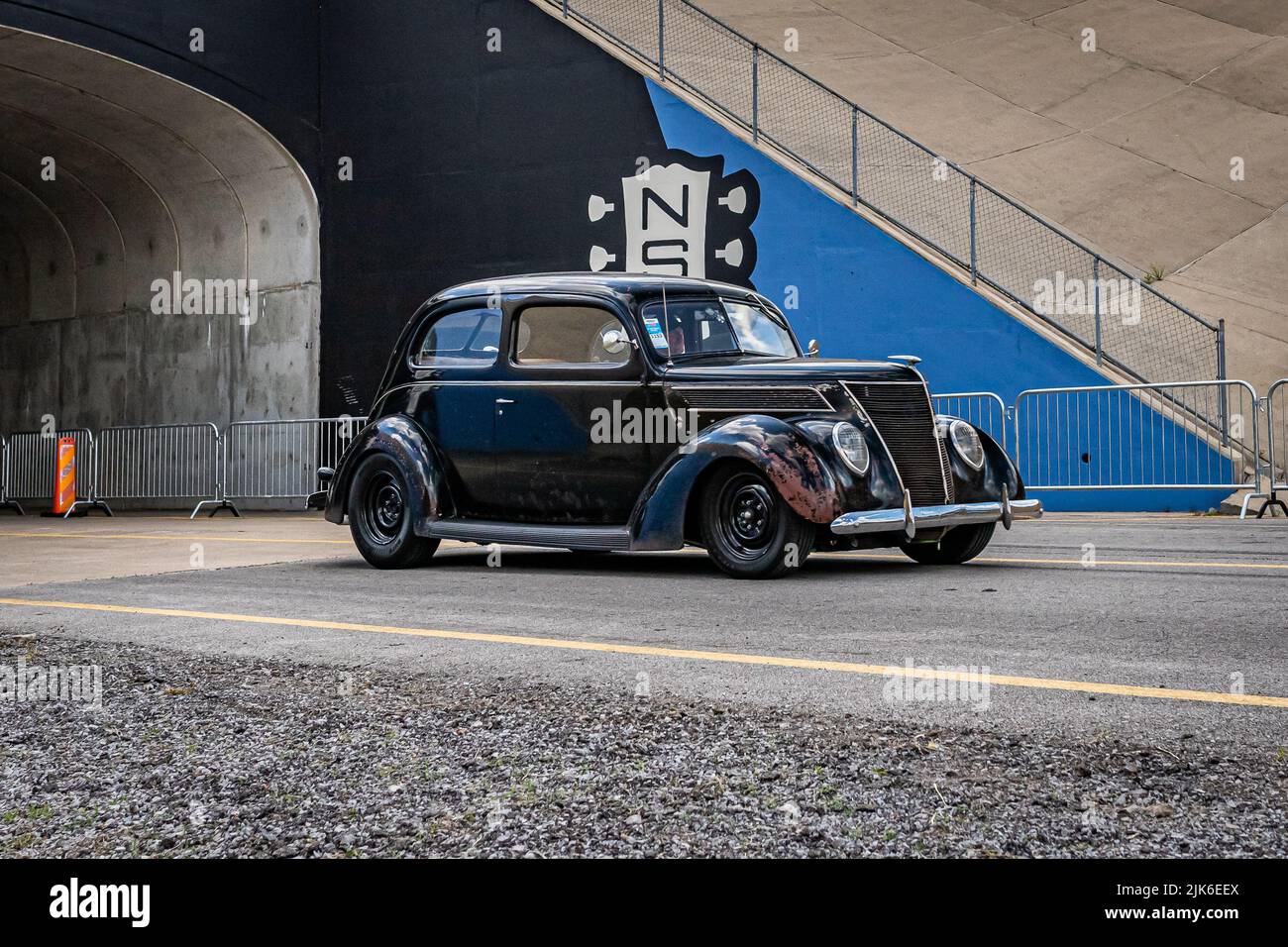 Lebanon, TN - May 14, 2022: Wide angle front corner view of a 1937 Ford ...