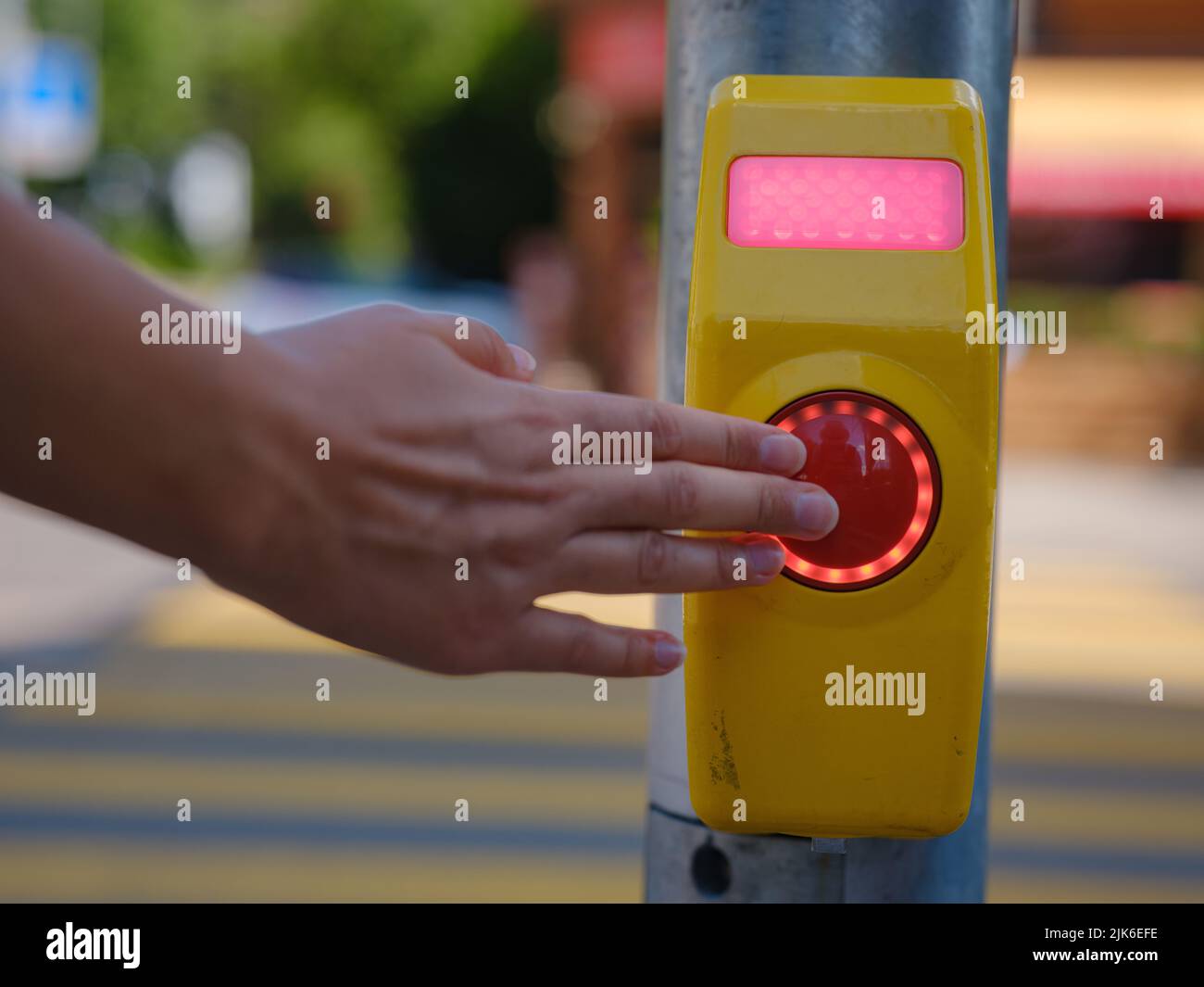 Close-up of a crosswalk signal button taken at a pedestrian controlled ...