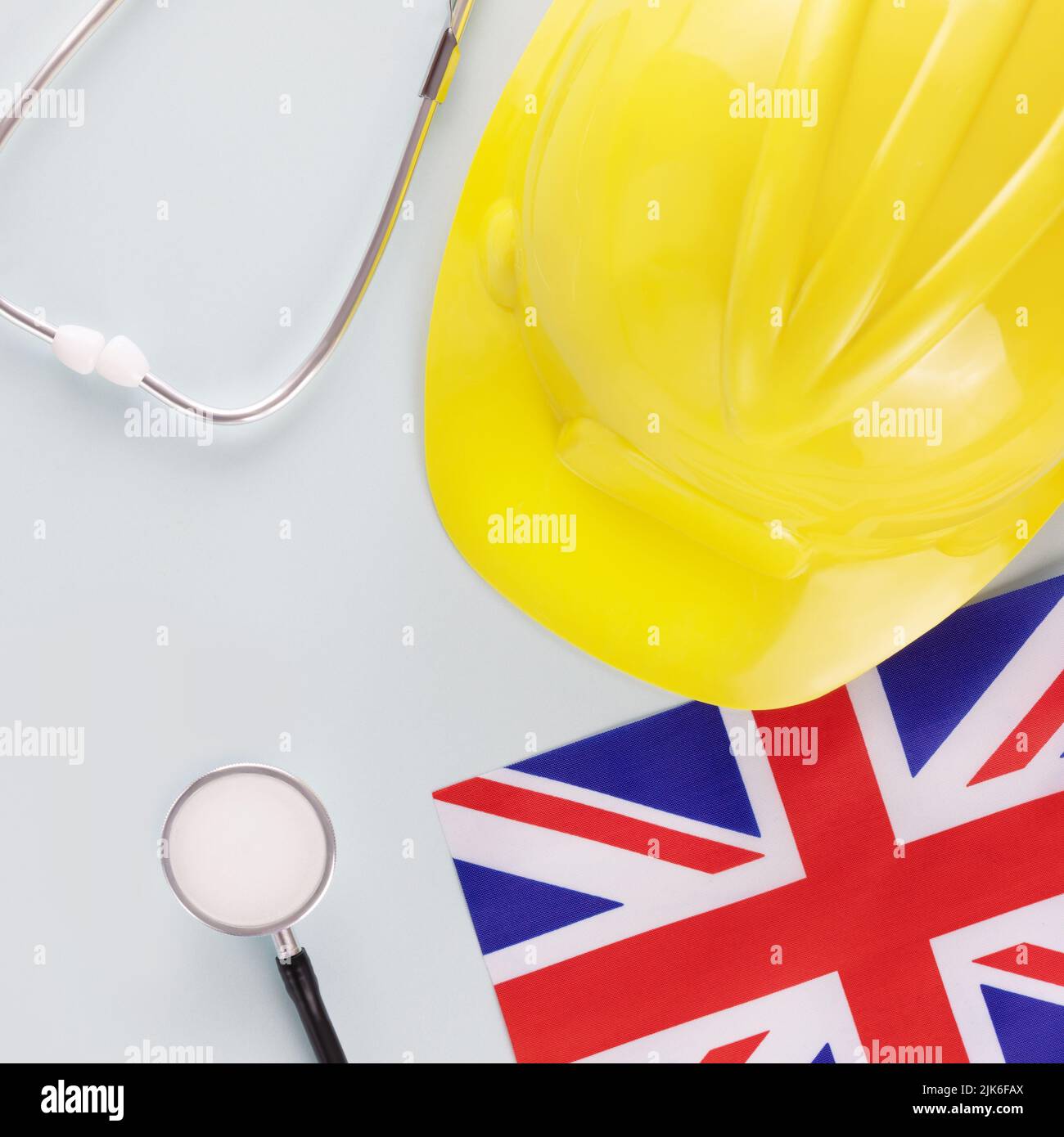 Medical care and insurance of workers in Great Britain. Flag of Great ...