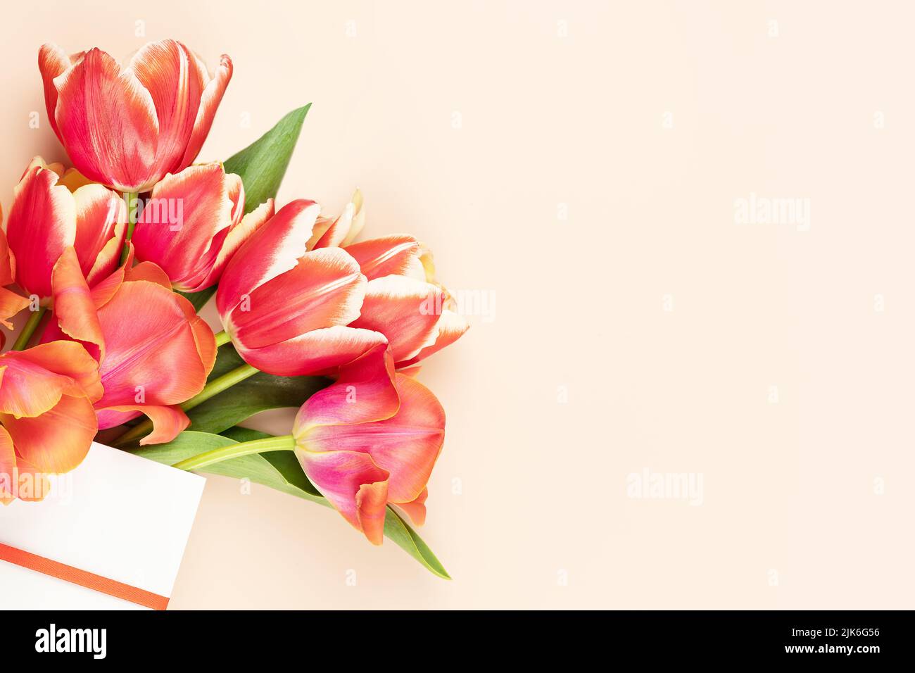 Flower card with beautiful bouquet of tulips in a white, gift, paper ...