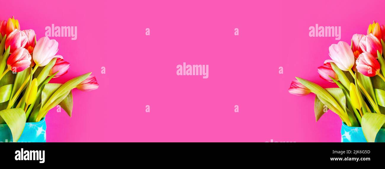 Flower banner with beautiful bouquets of tulips in a blue, cotton bags ...