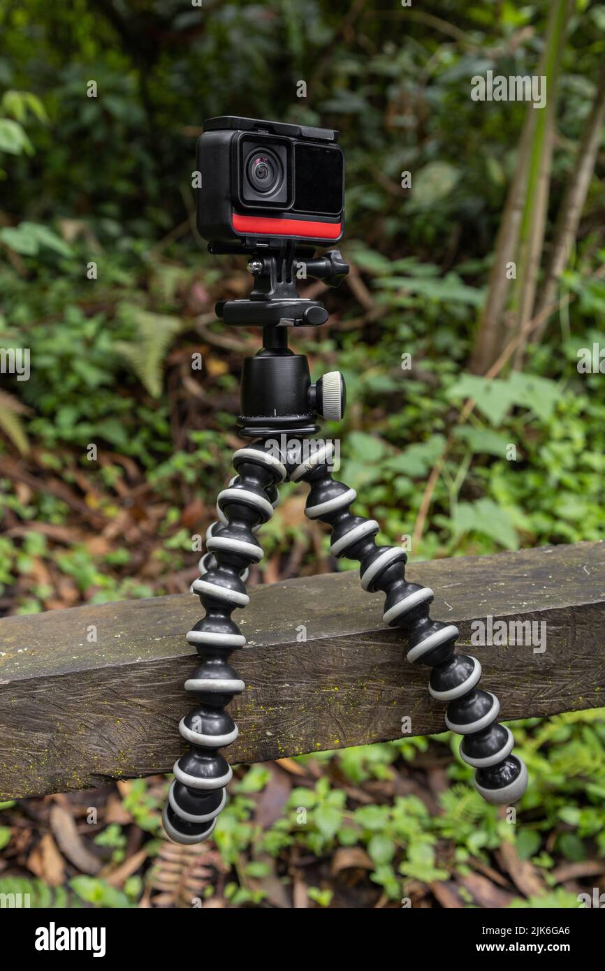 camera on a tripod attached to a wooden railing, nature background ...