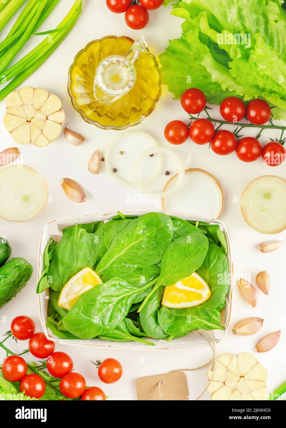 Healthy food flat lay with organic, farm, seasonal vegetables and olive ...