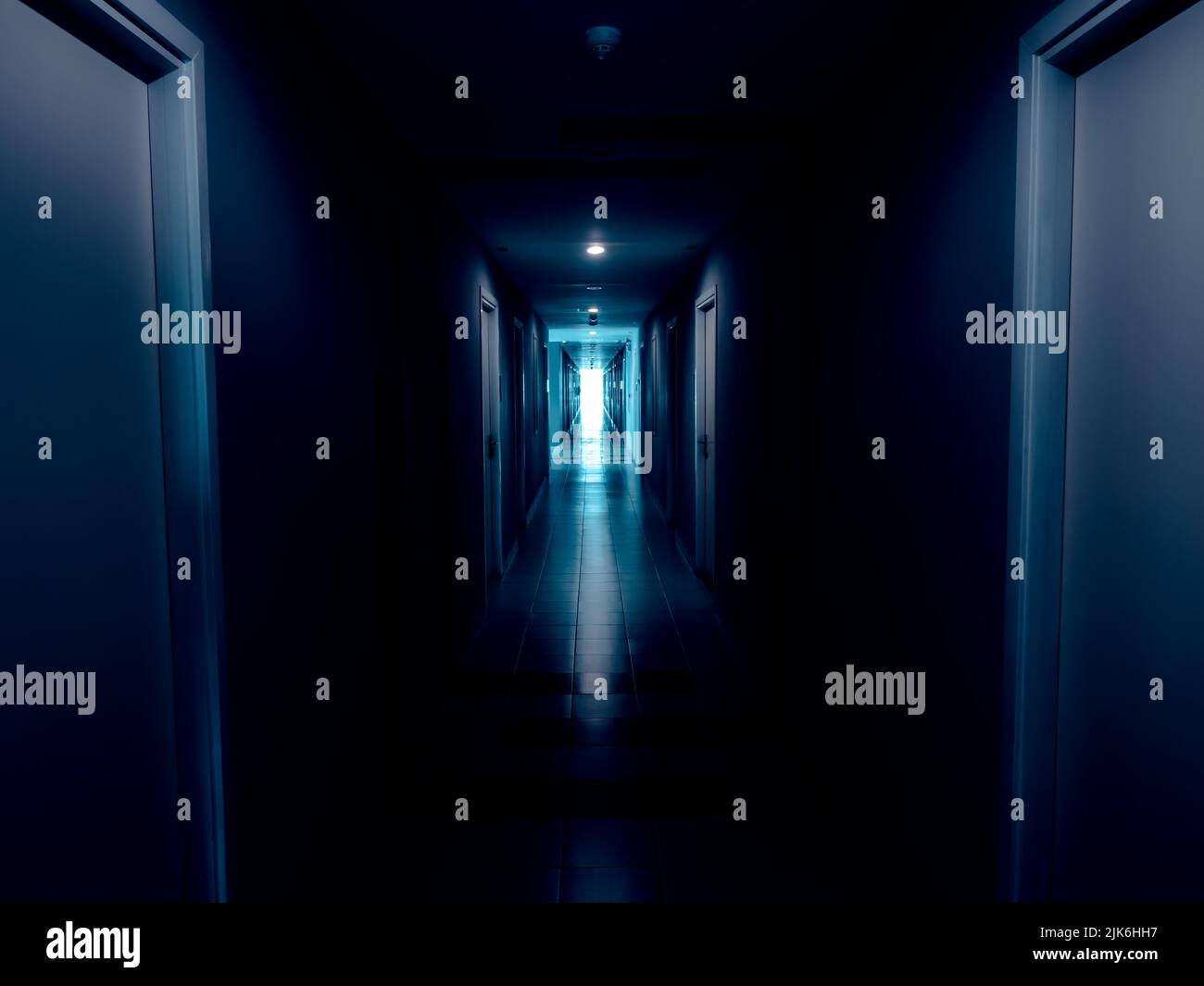 Dark mysterious corridor in building. Door room perspective in lonely ...